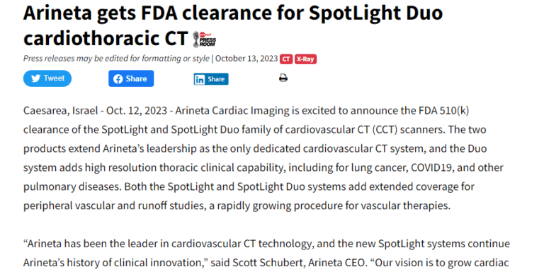 Arineta gets FDA clearance for SpotLight Duo cardiothoracic CT DOTmed ...